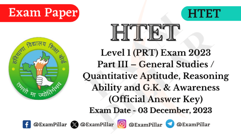 HTET Level 1 (PRT) Exam Paper – 03 Dec 2023 (Part III – General Studies ...